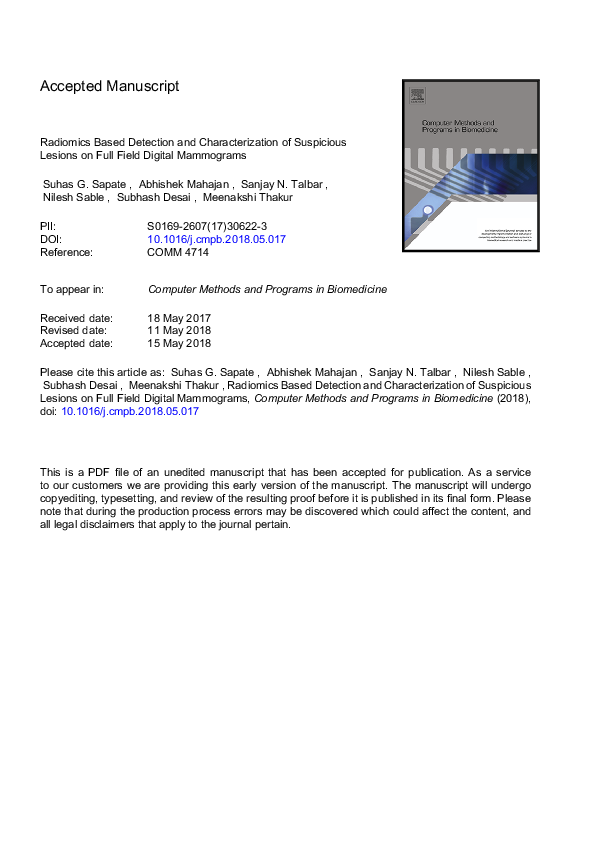 (PDF) Radiomics based detection and characterization of suspicious lesions on full field digital ...