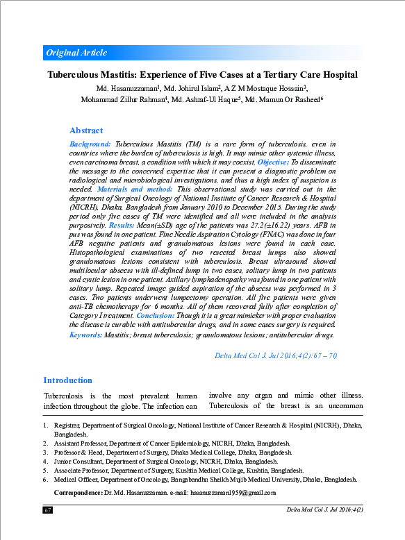 (PDF) Tuberculous Mastitis: Experience of Five Cases at a Tertiary Care ...