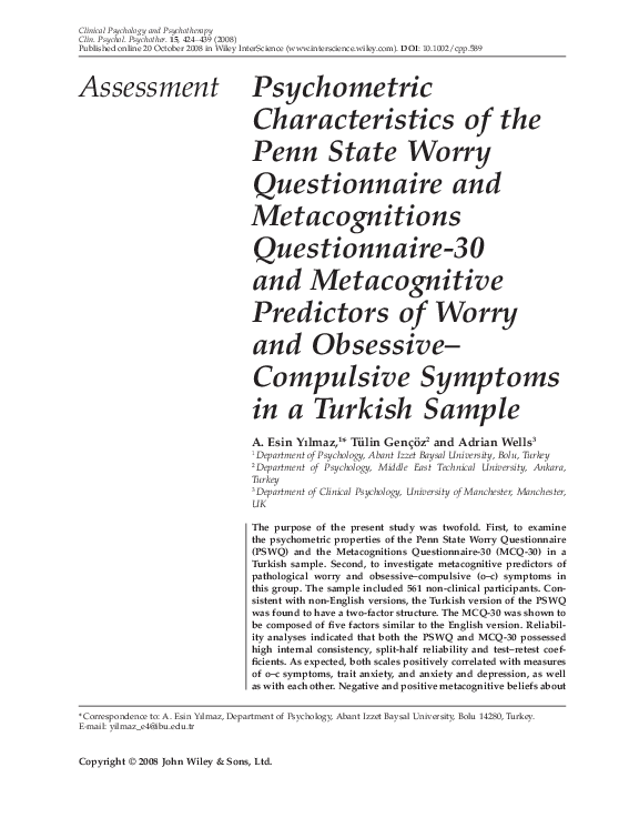 (PDF) Psychometric characteristics of the Penn State Worry ...