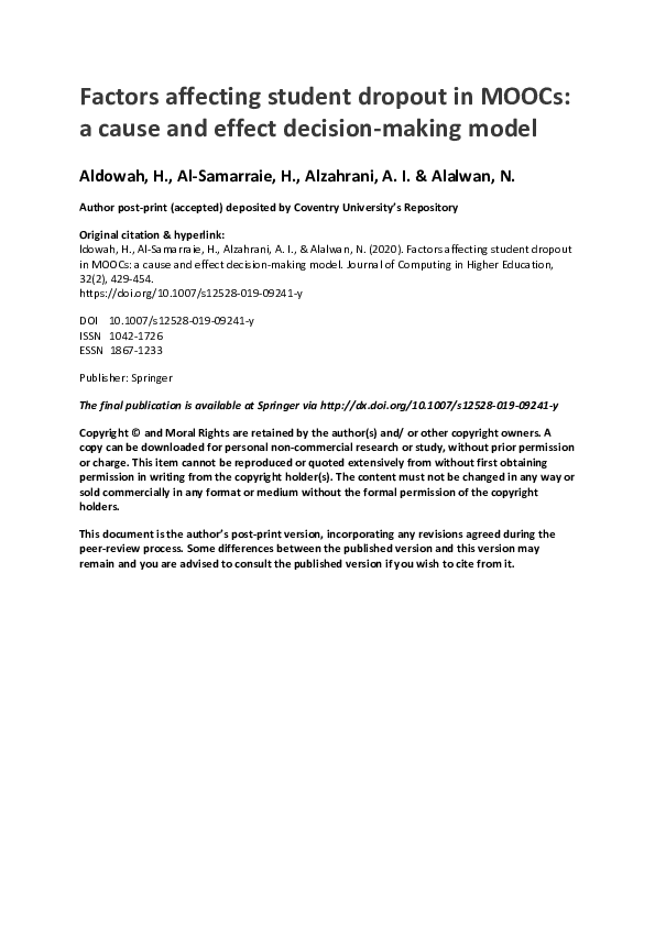 (PDF) Factors affecting student dropout in MOOCs: a cause and effect ...
