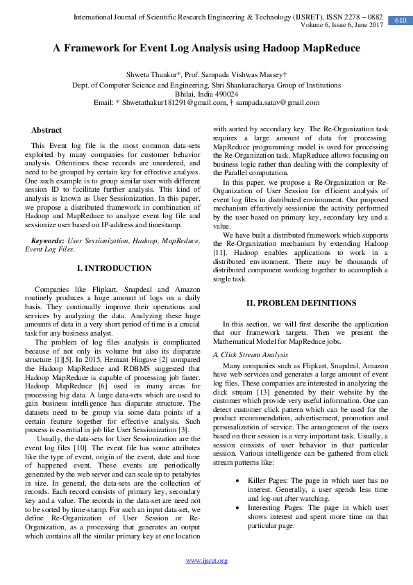 Pdf A Framework For Event Log Analysis Using Hadoop Mapreduce