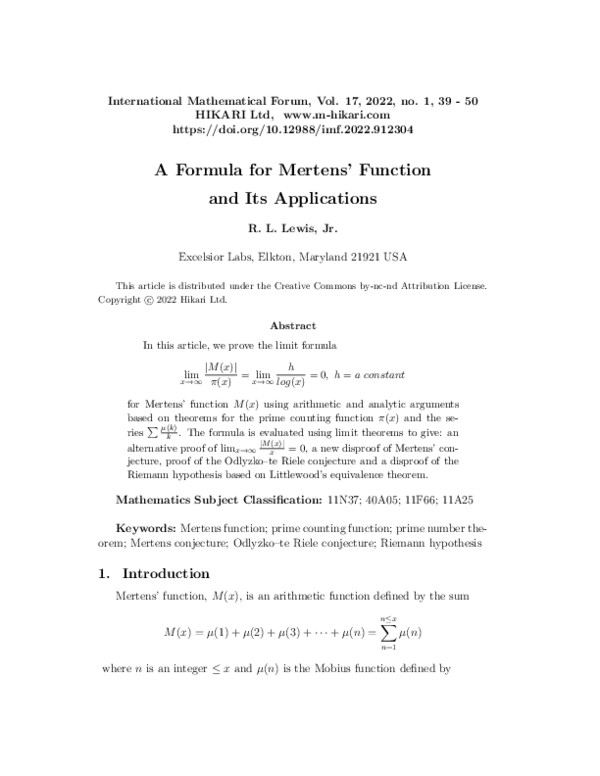 (PDF) A Formula for Mertens' Function and Its Applications
