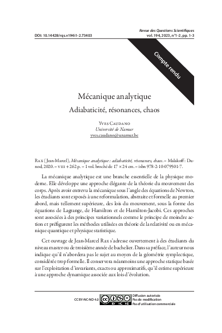 (PDF) Rax (Jean-Marcel), Mécanique analytique : adiabaticité ...