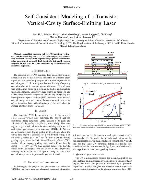 (PDF) Self-consistent modeling of a transistor vertical-cavity surface-emitting laser
