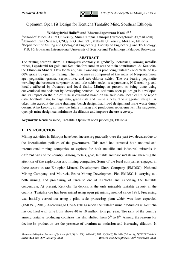 (PDF) Optimum Open Pit Design for Kenticha Tantalite Mine, Southern ...