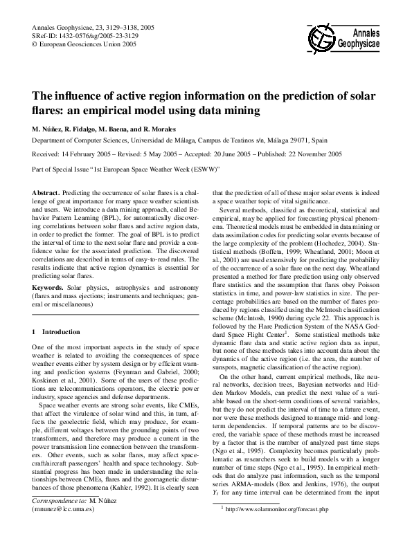 (PDF) The influence of active region information on the prediction of solar flares: an empirical ...