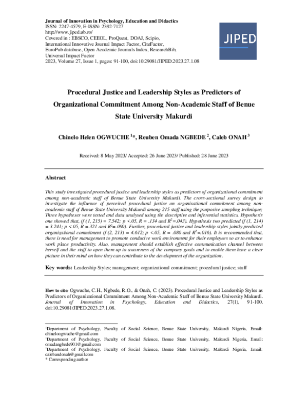 (PDF) Procedural Justice and Leadership Styles as Predictors of ...