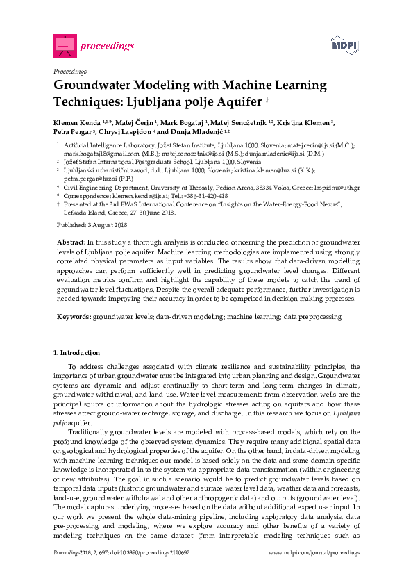 (PDF) Groundwater Modeling with Machine Learning Techniques: Ljubljana ...