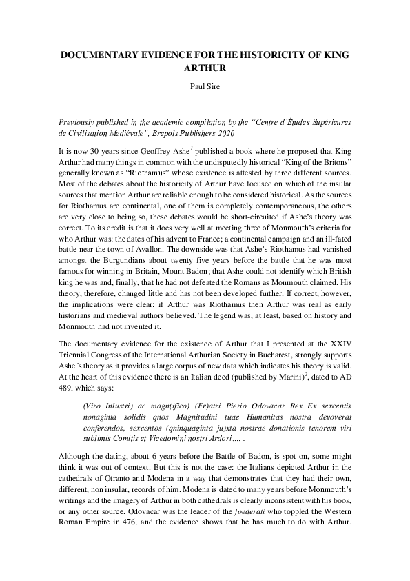(PDF) Documentary Evidence for the Historicity of King Arthur