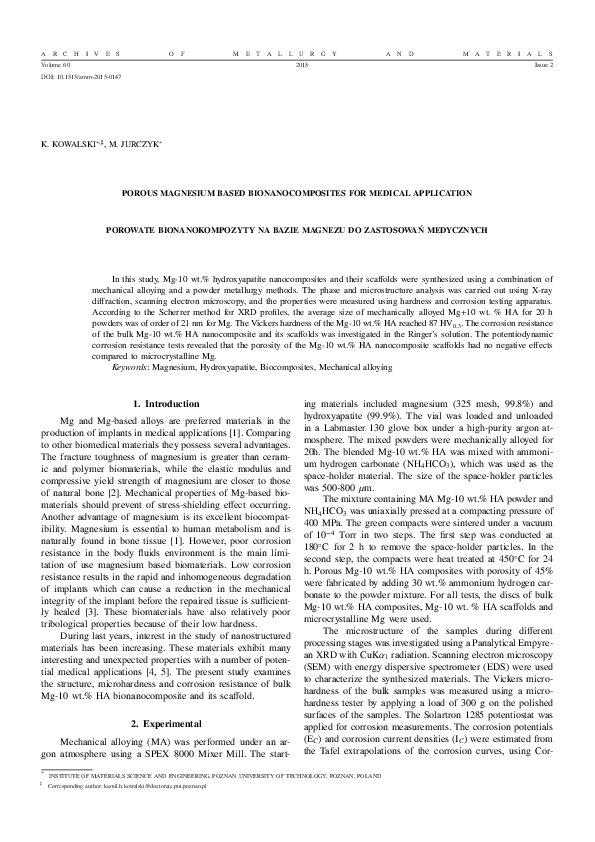 (PDF) Porous Magnesium Based Bionanocomposites For Medical Application