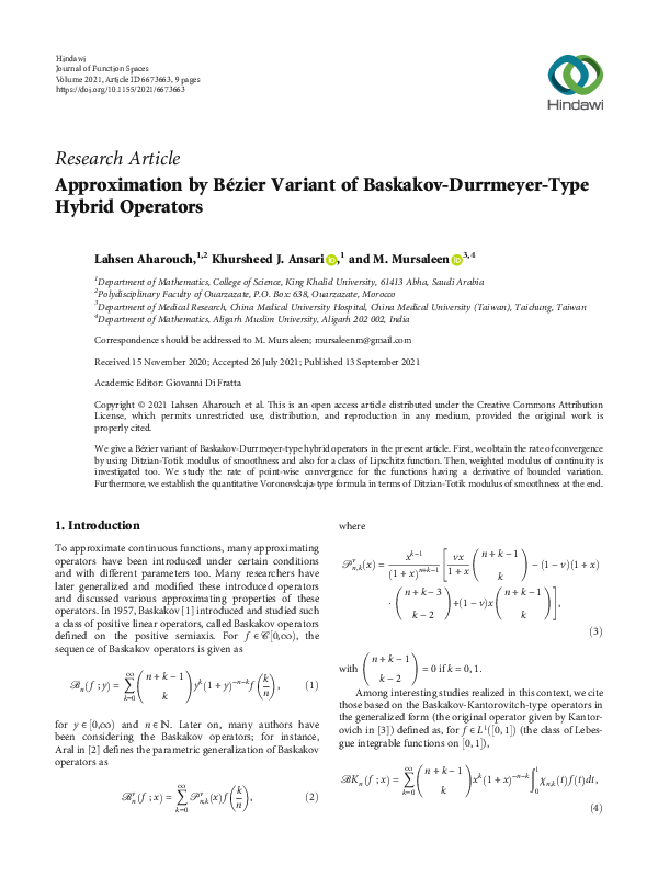 Pdf Approximation By Bézier Variant Of Baskakov Durrmeyer Type Hybrid Operators Khursheed