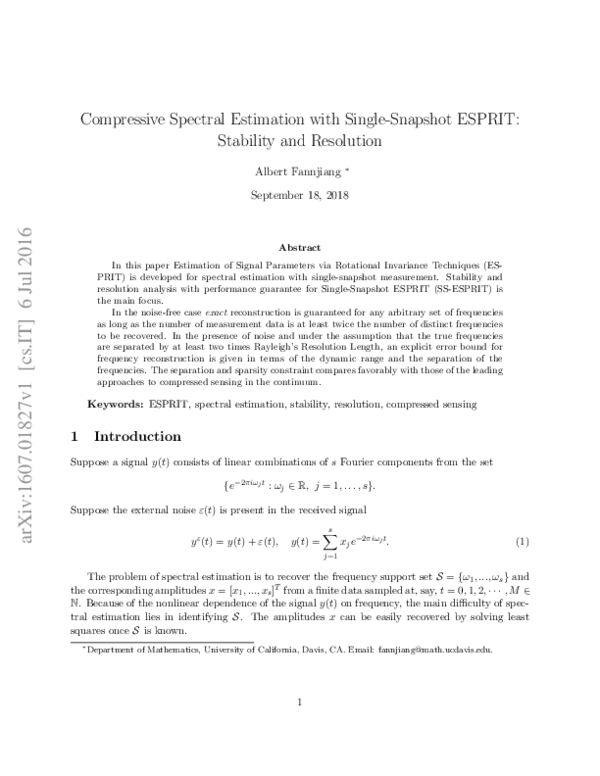 (PDF) Compressive Spectral Estimation with Single-Snapshot ESPRIT: Stability and Resolution