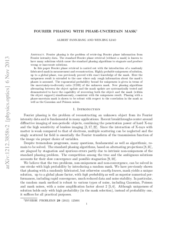 (PDF) Phase Retrieval with Roughly Known Mask
