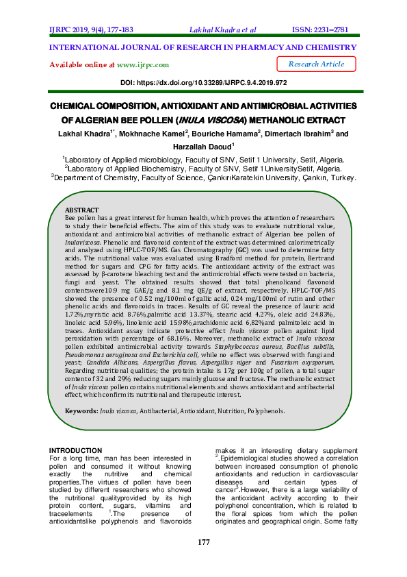 (PDF) Chemical Composition, Antioxidant and Antimicrobial Activities of Algerian Bee Pollen ...