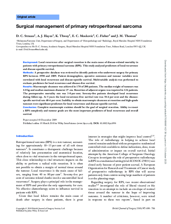 (PDF) Surgical management of primary retroperitoneal sarcoma | Theodore ...