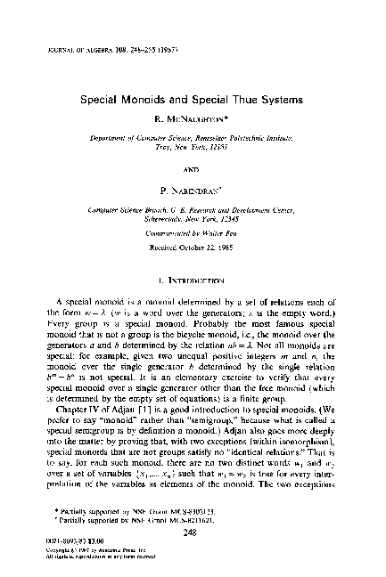 (PDF) Special monoids and special thue systems | Paliath Narendran - Academia.edu