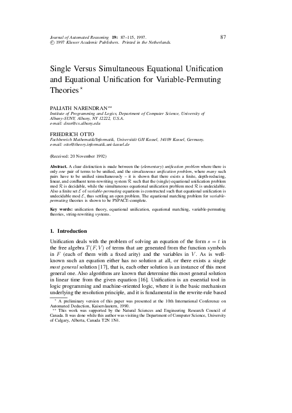 (PDF) Single Versus Simultaneous Equational Unification and Equational Unification for Variable ...