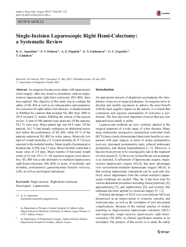 (PDF) Single-Incision Laparoscopic Right Hemi-Colectomy: a Systematic Review