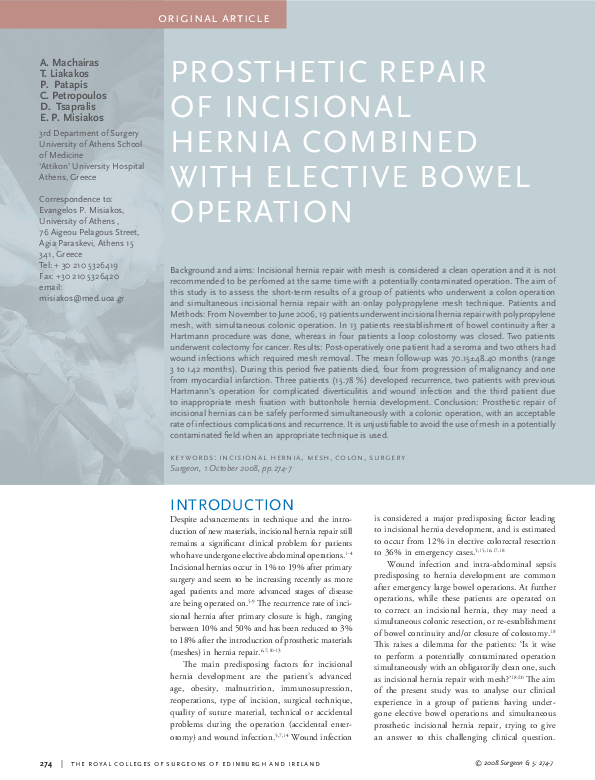 (PDF) Prosthetic repair of incisional hernia combined with elective ...