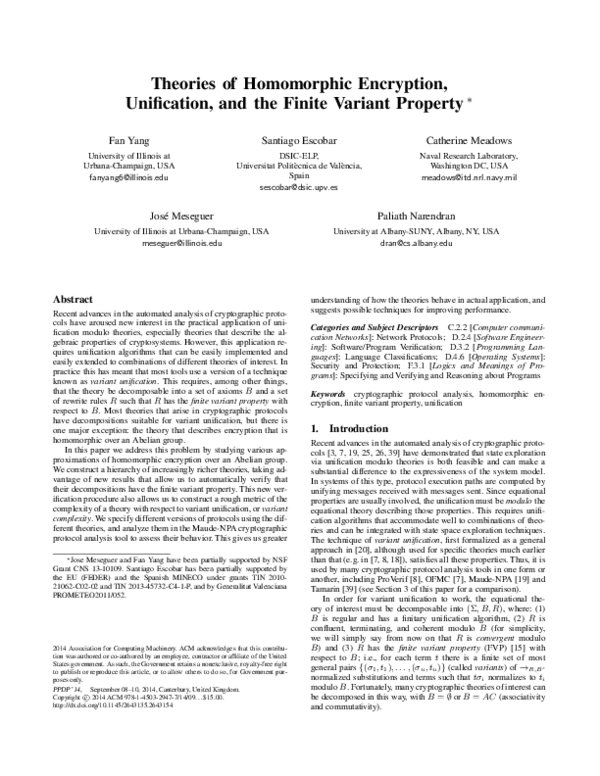 Pdf Theories Of Homomorphic Encryption Unification And The Finite Variant Property