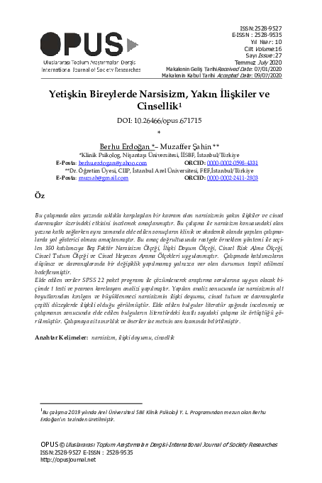 (PDF) Yetişkin Bireylerde Narsisizm, Yakın İlişkiler ve Cinsellik ...