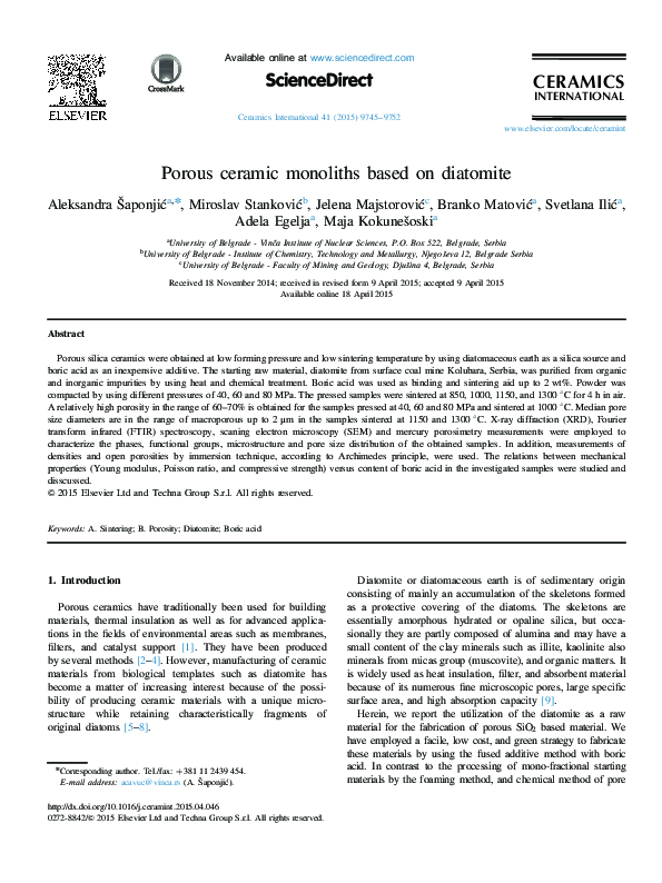 (PDF) Porous ceramic monoliths based on diatomite