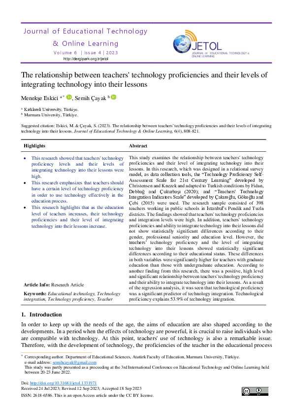(PDF) The relationship between teachers' technology proficiencies and their levels of ...
