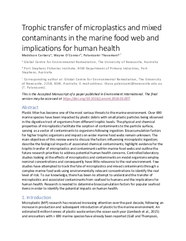 (PDF) Trophic transfer of microplastics and mixed contaminants in the ...