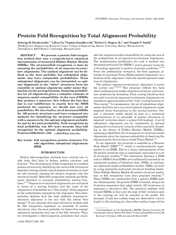 (PDF) Protein fold recognition by total alignment probability | Jadwiga Bienkowska - Academia.edu