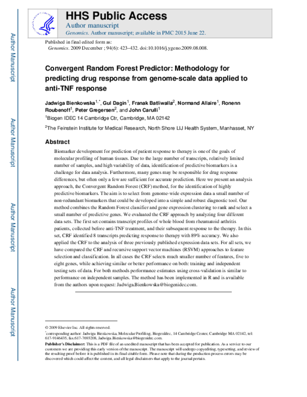 (PDF) Convergent random forest predictor: Methodology for predicting drug response from genome ...