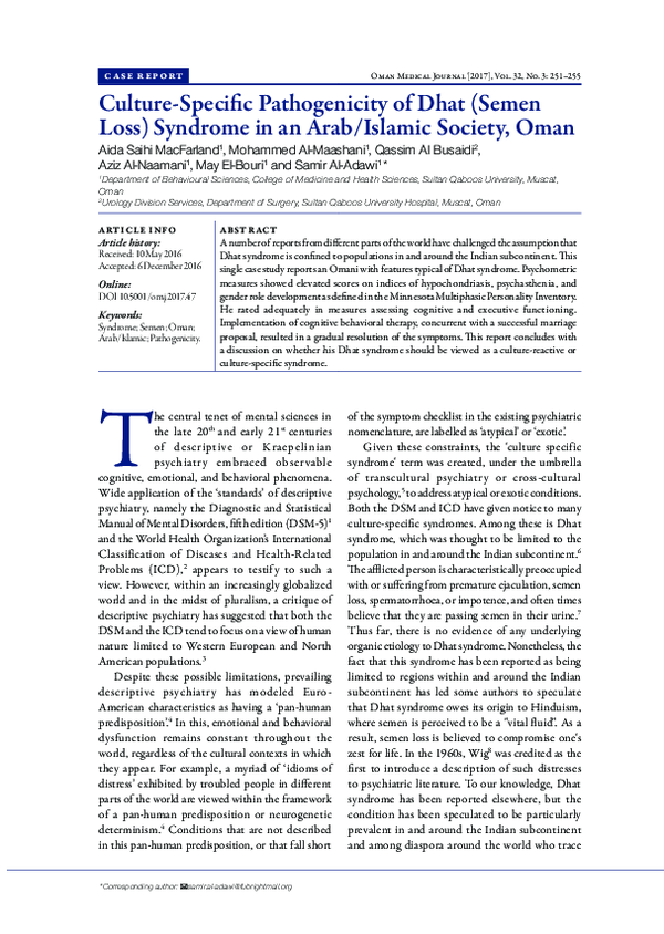 (PDF) Culture-Specific Pathogenicity of Dhat (Semen Loss) Syndrome in ...