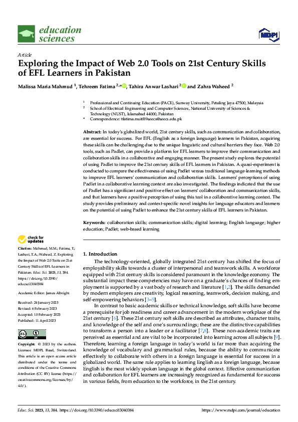 Pdf Exploring The Impact Of Web 2 0 Tools On 21st Century Skills Of Efl Learners In Pakistan