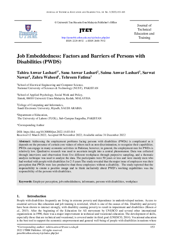 (PDF) Job Embeddedness: Factors and Barriers of Persons with ...