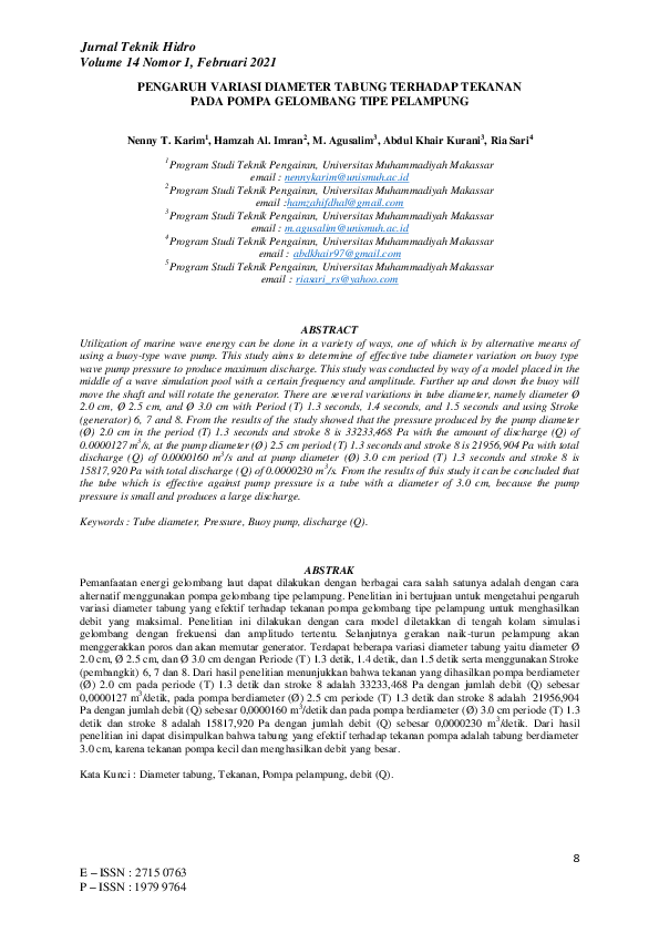 (PDF) Pengaruh Variasi Diameter Tabung Terhadap Tekanan Pada Pompa Gelombang Tipe Pelampung ...