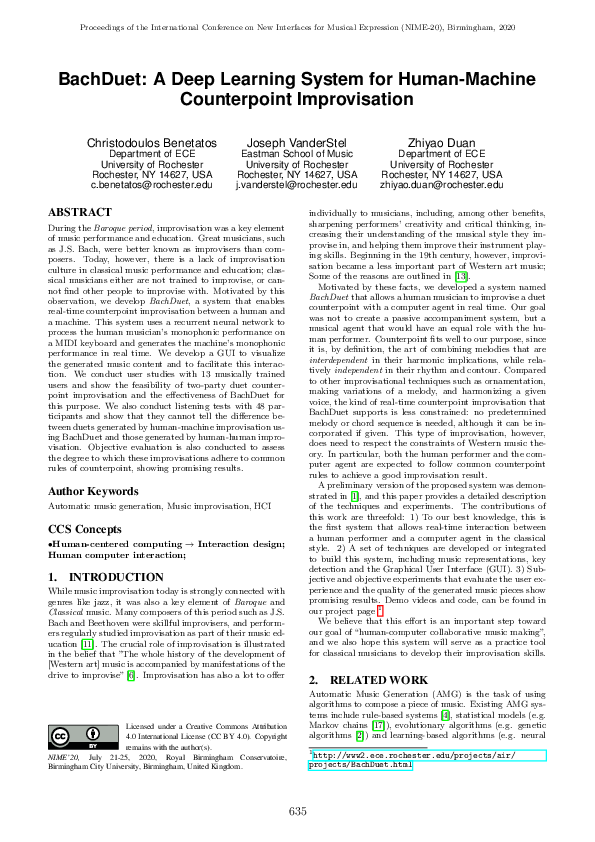 (PDF) BachDuet: A Deep Learning System for Human-Machine Counterpoint Improvisation