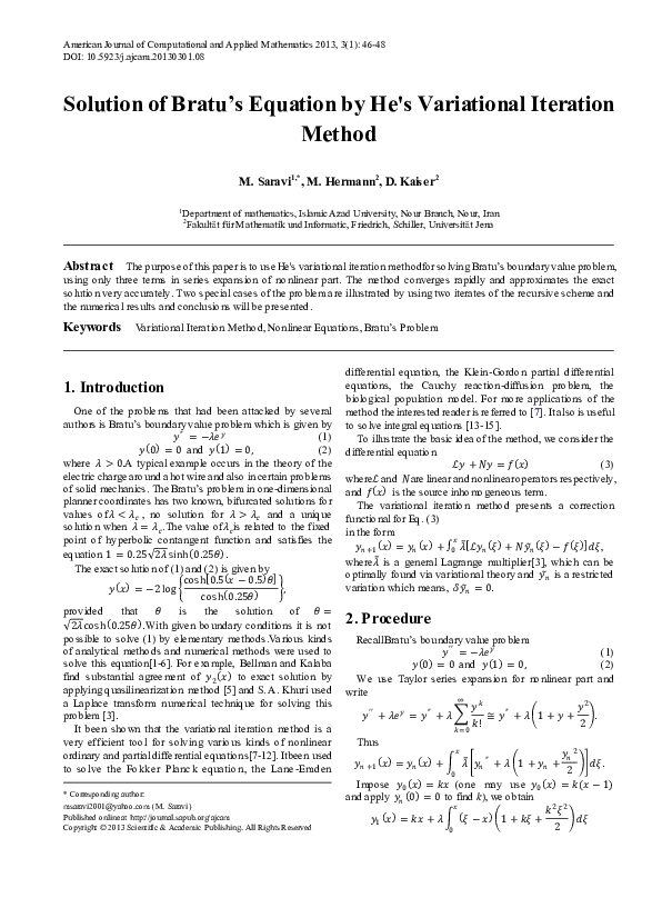 (PDF) Solution of Bratu's Equation by He's Variational Iteration Method
