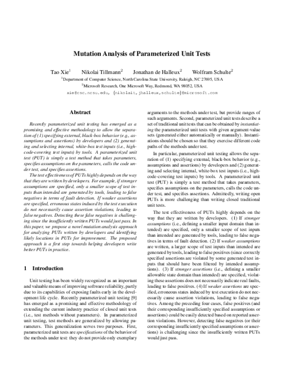 Pdf Mutation Analysis Of Parameterized Unit Tests Jonathan Halleux