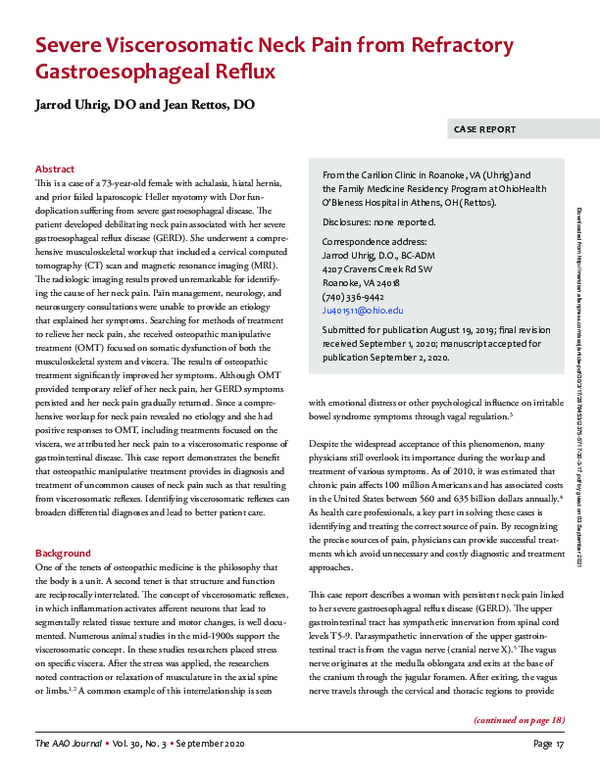 (PDF) Severe Viscerosomatic Neck Pain from Refractory Gastroesophageal ...