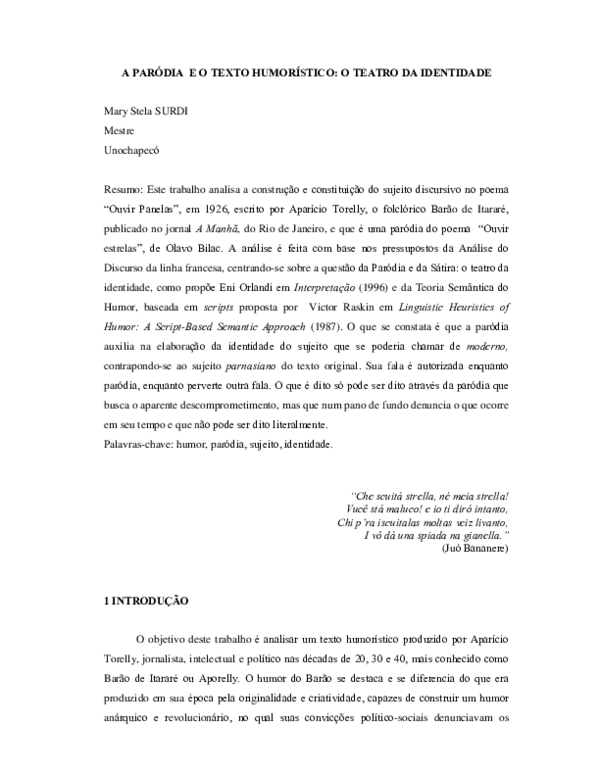(PDF) A PARÓDIA E O TEXTO HUMORÍSTICO: O TEATRO DA IDENTIDADE
