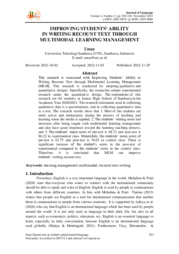 (PDF) Improving Students’ Ability in Writing Recount Text Through Multimodal Learning Management ...