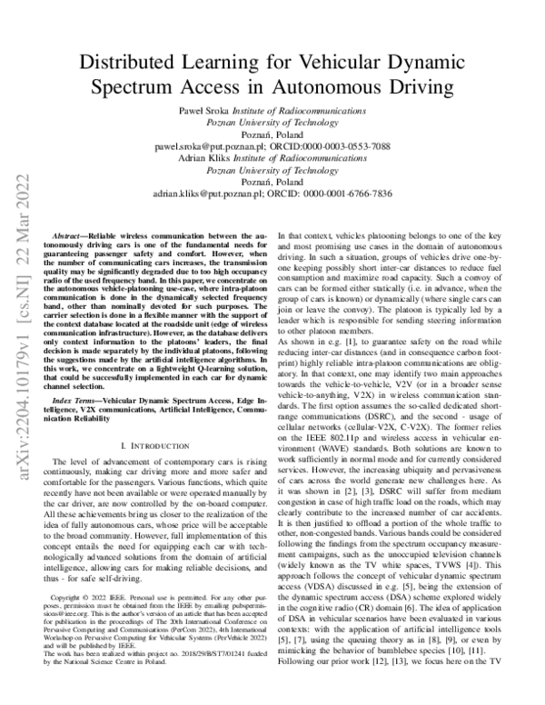(PDF) Distributed Learning for Vehicular Dynamic Spectrum Access in Autonomous Driving | Adrian ...