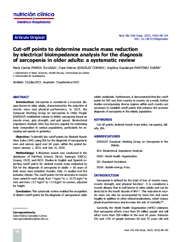 (PDF) Cut-off points to determine muscle mass reduction by electrical ...