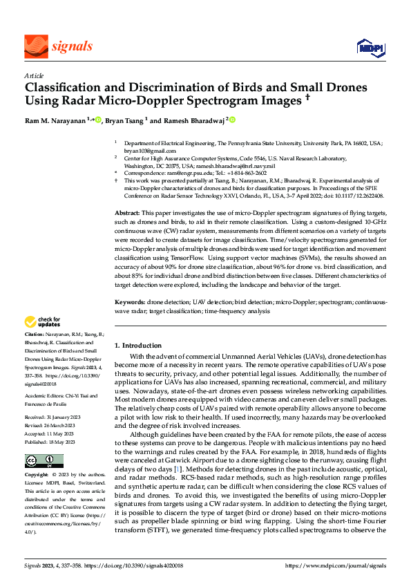 Pdf Classification And Discrimination Of Birds And Small Drones Using Radar Micro Doppler