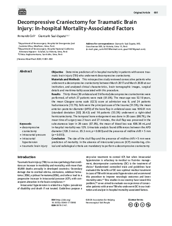 (PDF) Decompressive Craniectomy for Traumatic Brain Injury: In-hospital Mortality-Associated Factors