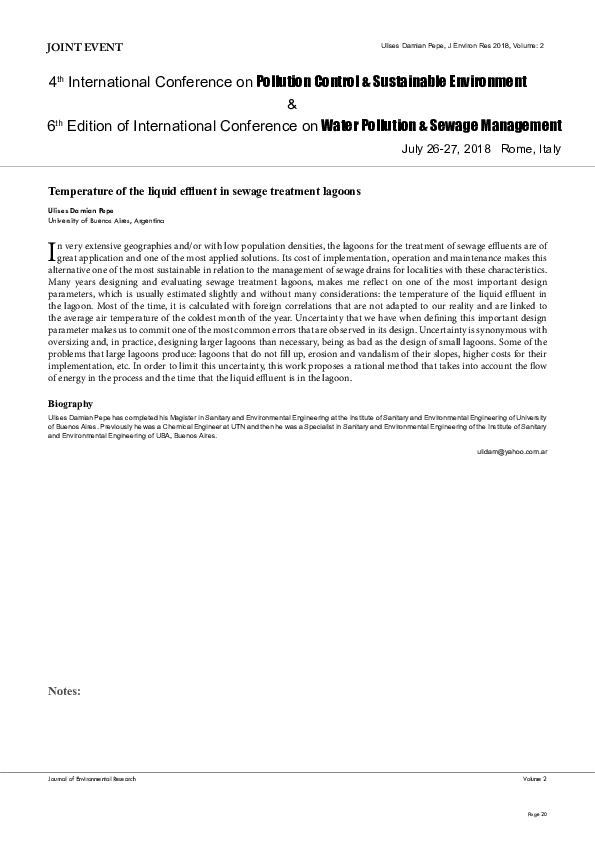 (PDF) Temperature of the liquid effluent in sewage treatment lagoons | Ulises Pepe - Academia.edu