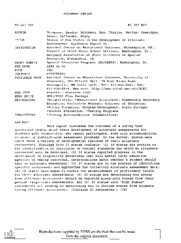 (PDF) Status of the States in the Development of Alternate Assessments ...