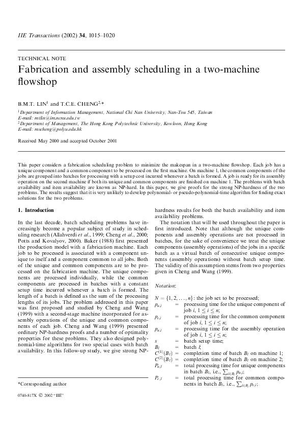 (PDF) Fabrication and assembly scheduling in a two-machine flowshop