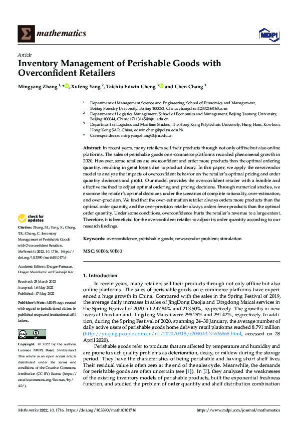 Pdf Inventory Management Of Perishable Goods With Overconfident Retailers Edwin Cheng