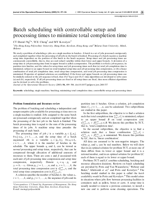 Pdf Batch Scheduling With Controllable Setup And Processing Times To Minimize Total Completion
