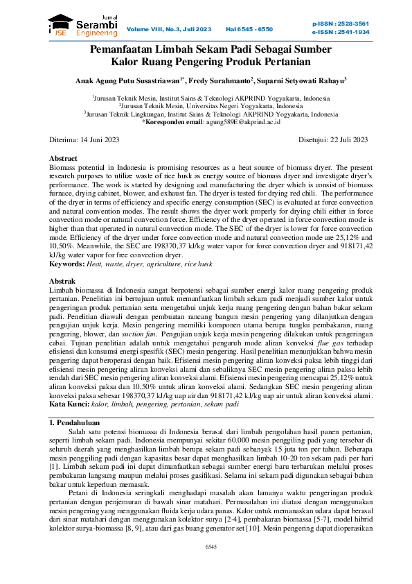 (PDF) Pemanfaatan Limbah Sekam Padi Sebagai Sumber Kalor Ruang Pengering Produk Pertanian